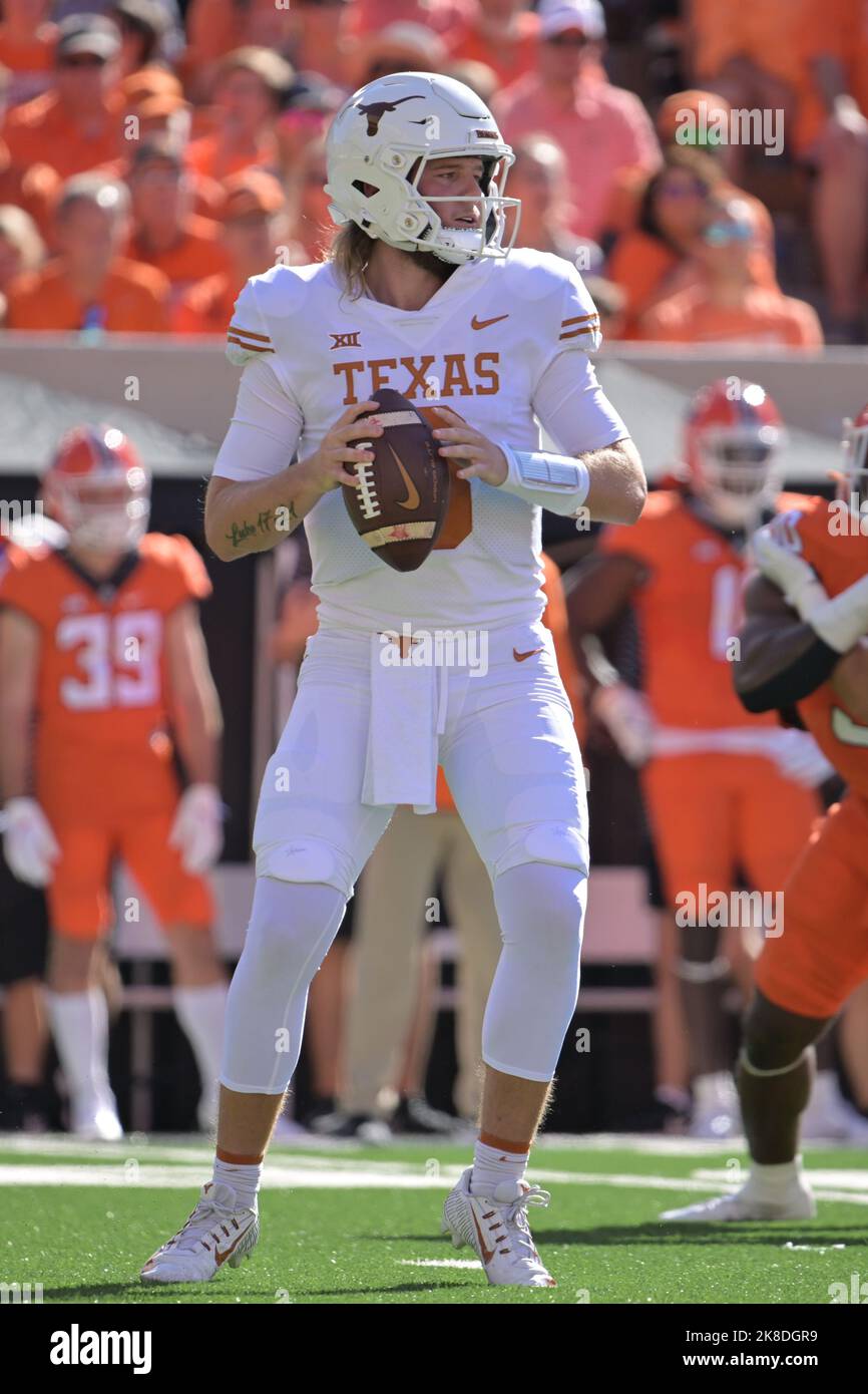Stillwater, OK, USA. 22nd Oct, 2022. Texas Longhorns quarterback Quinn Ewers #3 looking for his ...