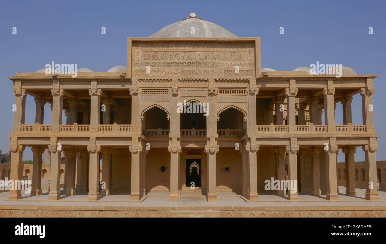 Front view of ancient mughal era carved sandstone tomb of Isa Khan ...