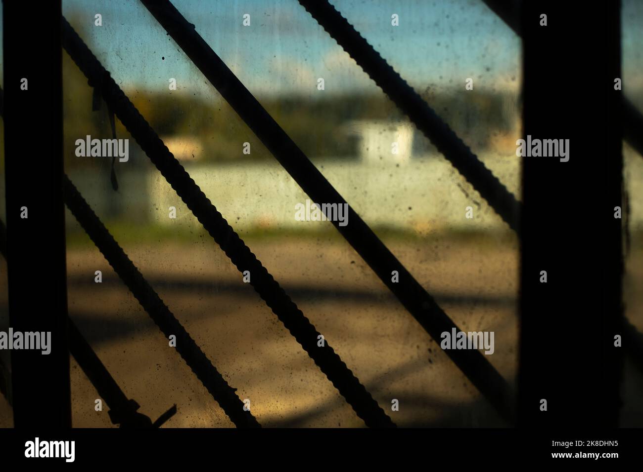 Grille on window. Steel grating. Old window inside view. Interior ...