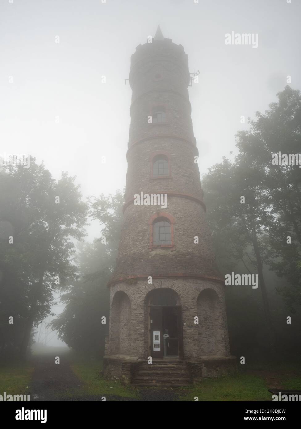 Historical stony lookout tower on Jedlova Mountain in Lusatian ...