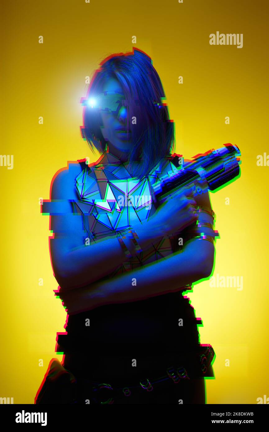 Girl with blaster in the futuristic battle. Concept virtual reality ...