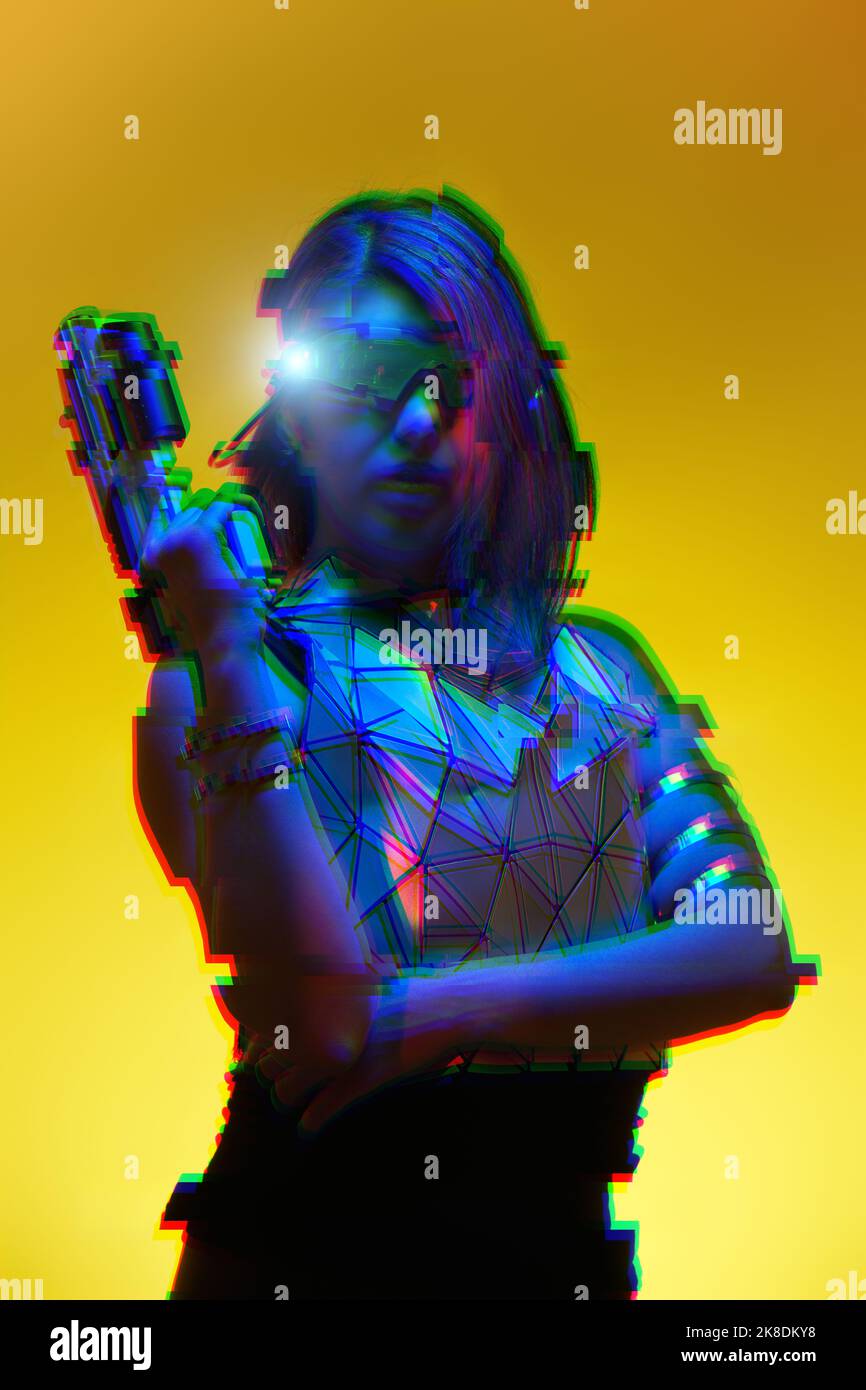 Girl with blaster in the futuristic battle. Concept virtual reality ...