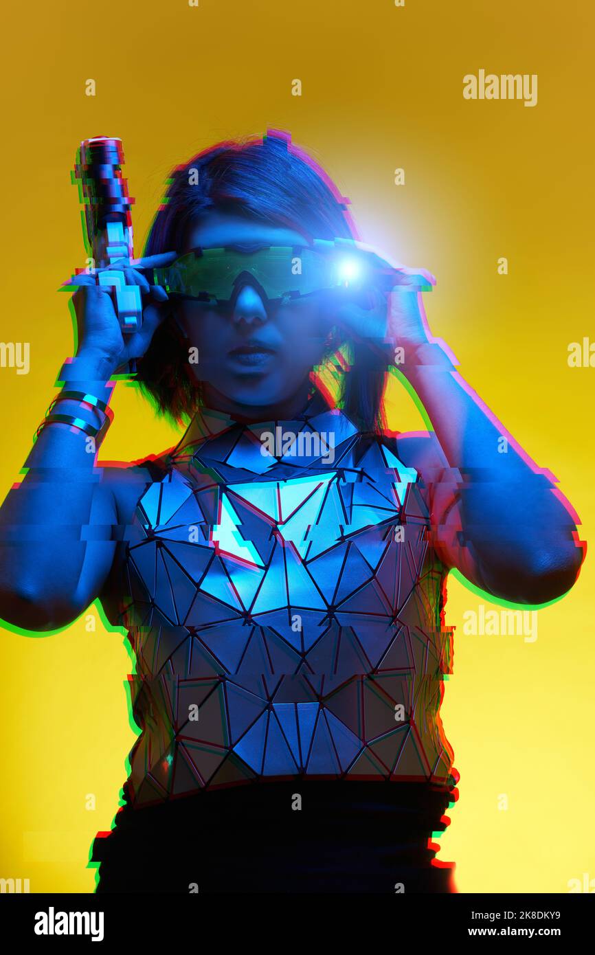 Girl with blaster in the futuristic battle. Concept virtual reality ...