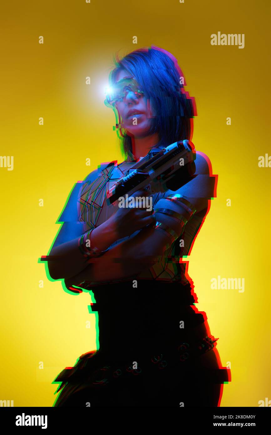 Girl with blaster in the futuristic battle. Concept virtual reality ...