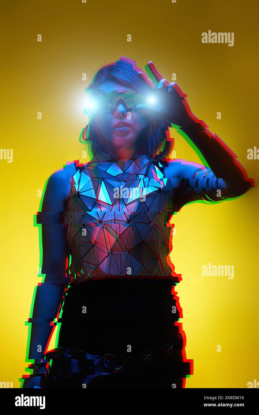 Girl with blaster in the futuristic battle. Concept virtual reality ...