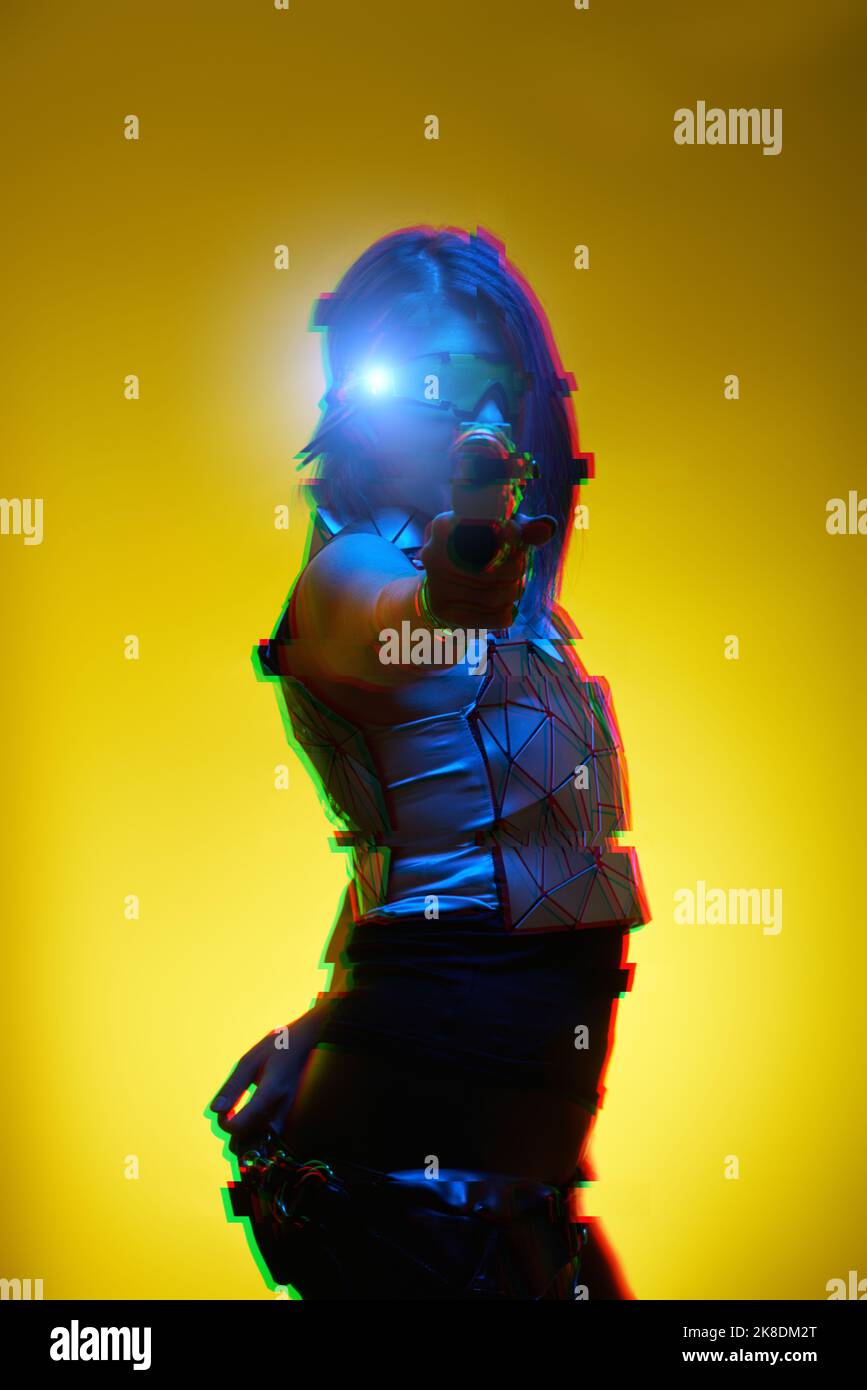 Girl with blaster in the futuristic battle. Concept virtual reality ...