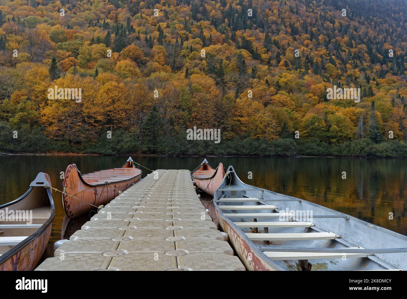 Canoes at quay on the Jacques-Cartier river in the National Park ...