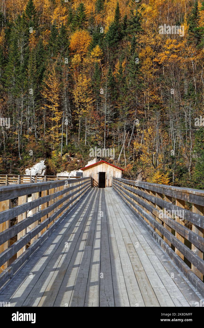 The pedestrian wooden bridge over the dam tlat leads to The Riverain ...