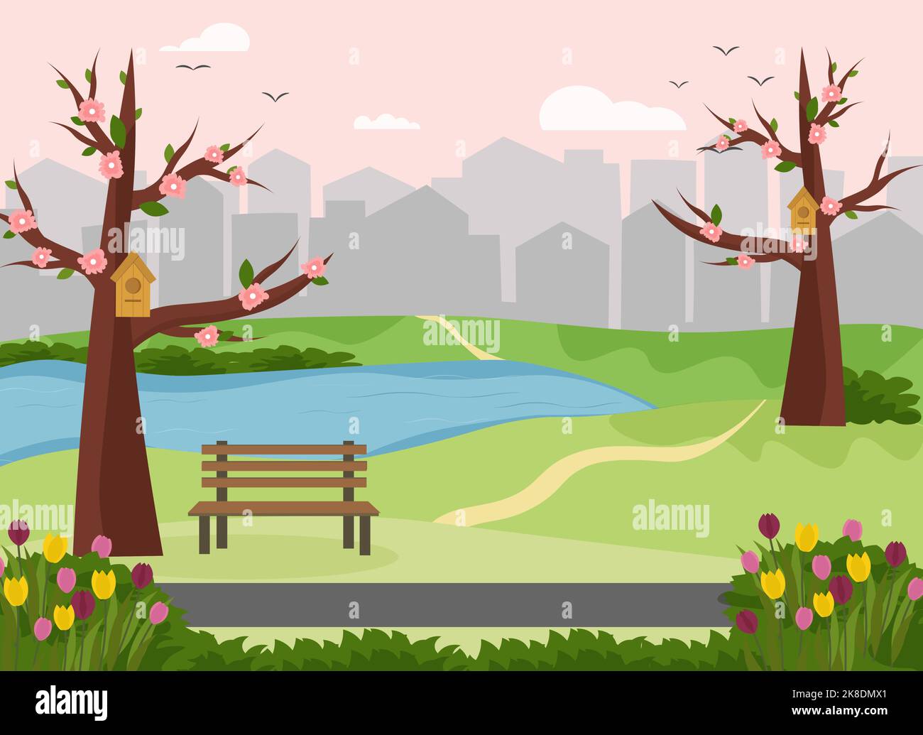 Spring landscape print. City park with trees and flowers, bench and ...