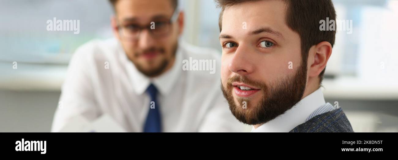 Businessmen in office solve financial problems, hold financial report ...