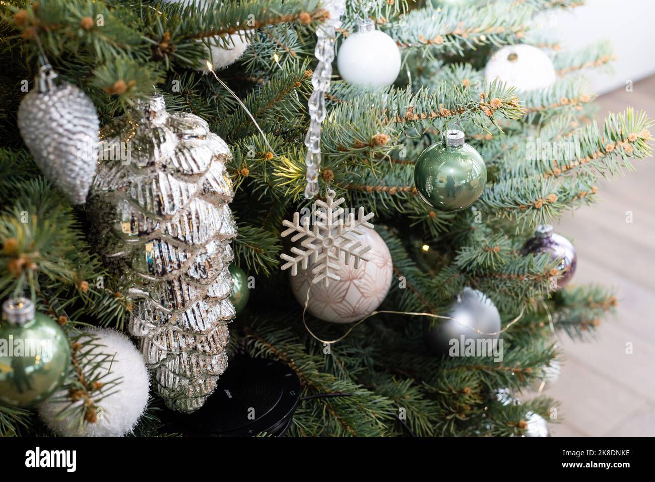 Fir tree brunch close up. Shallow focus. Fluffy fir tree brunch close ...