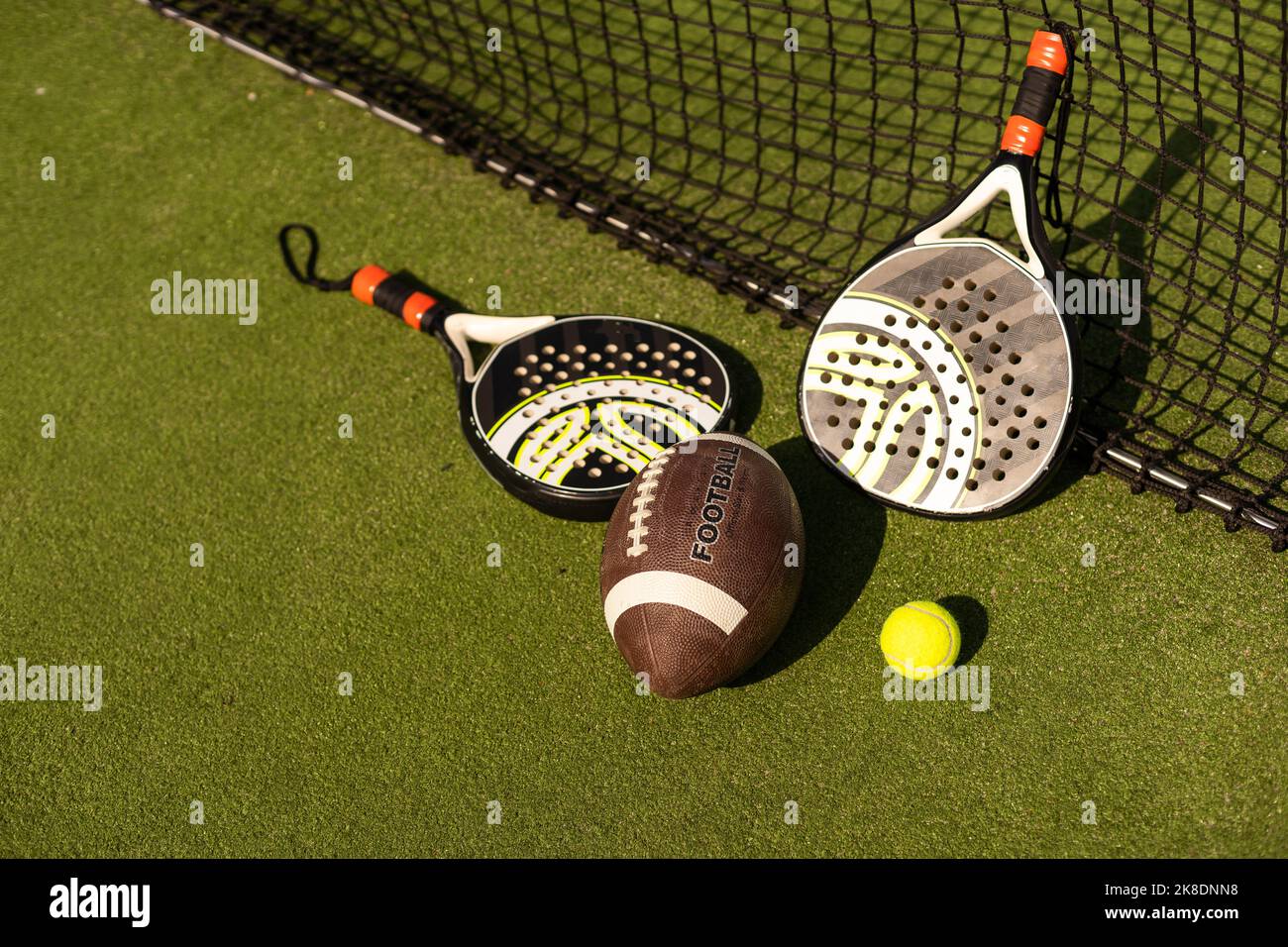 Set of sport equipment on floor, padel tennis, ball rugby Stock Photo ...