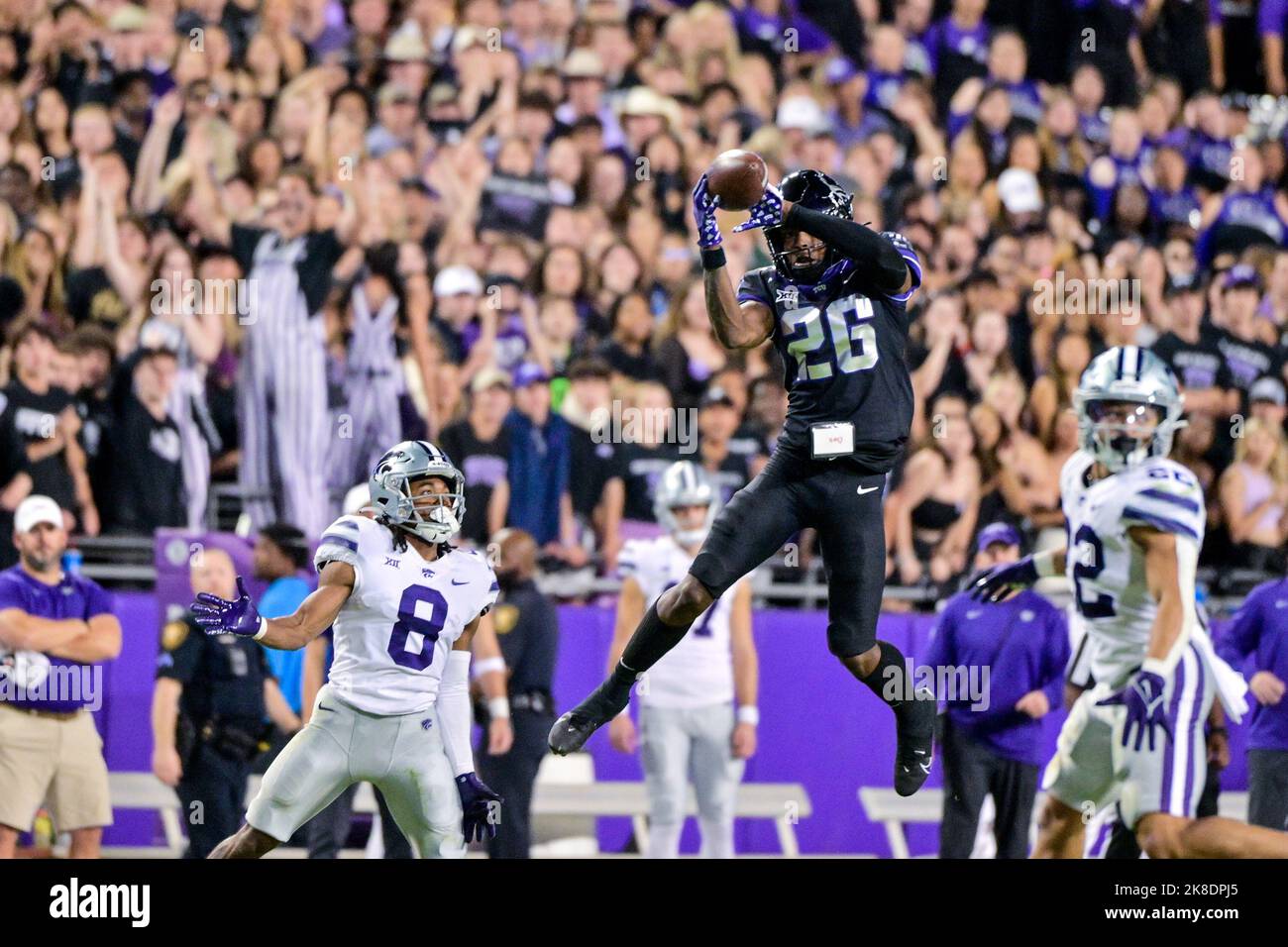 October 22nd 2022: .TCU Horned Frogs safety Bud Clark (26) leaps in the ...