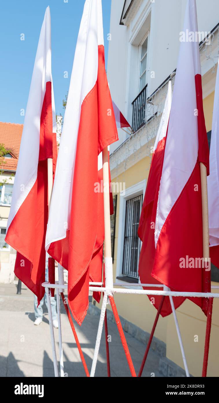 Red and white flags set close together. Symbol and Polish national ...