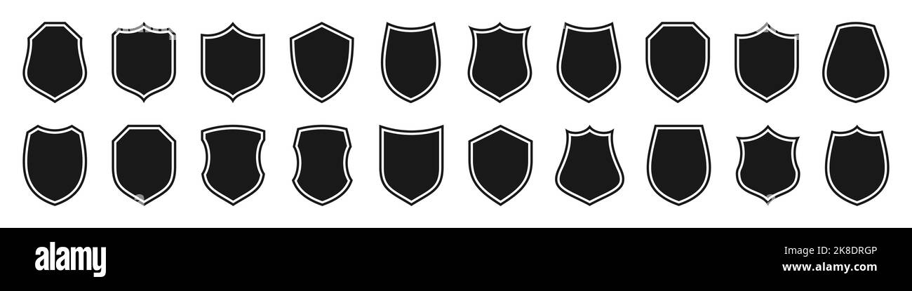 Set of various vintage shield icons. Black outlined heraldic shields ...