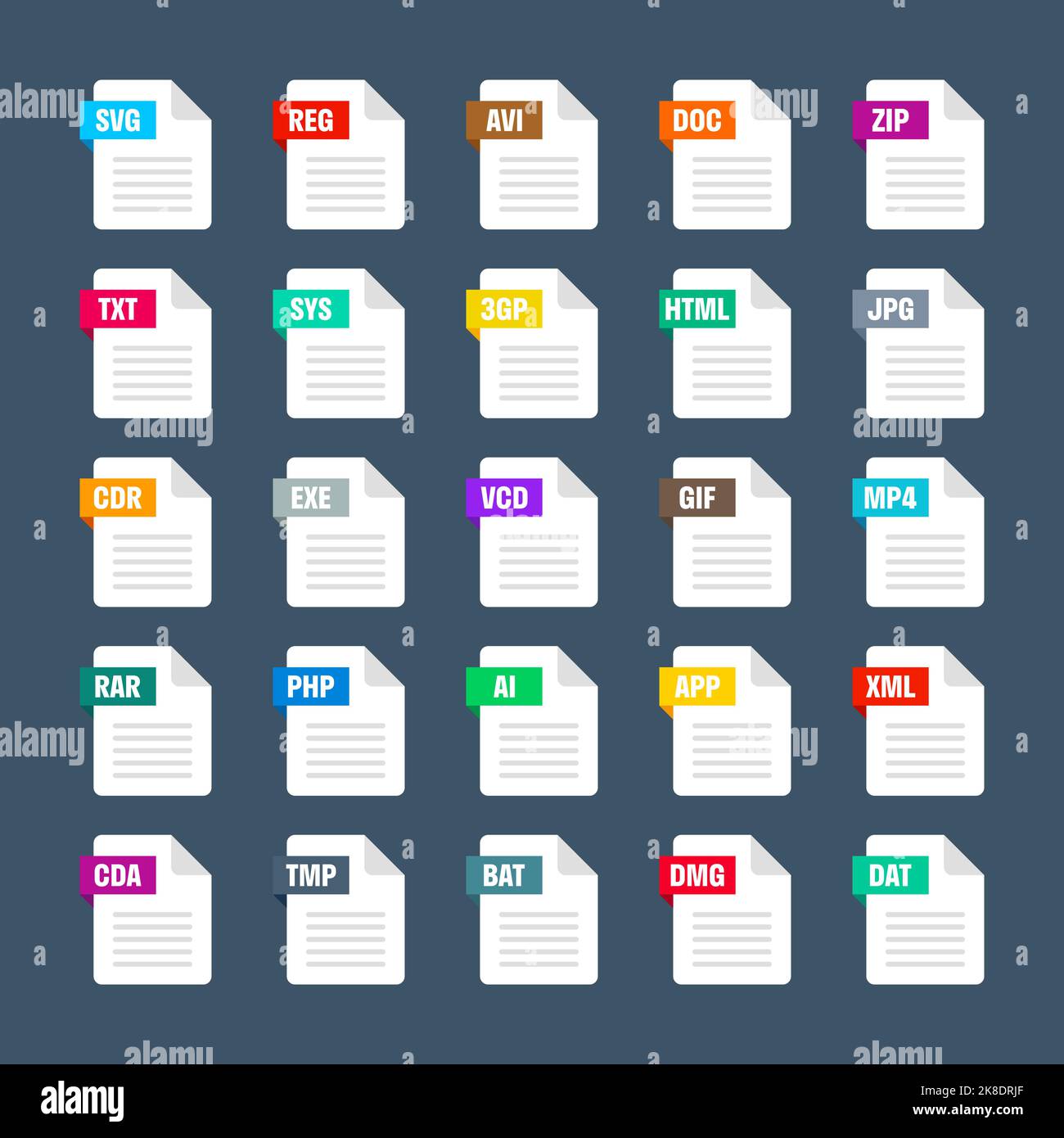 Common system file formats. Document types and extensions. Flat style icons collection. Document ...