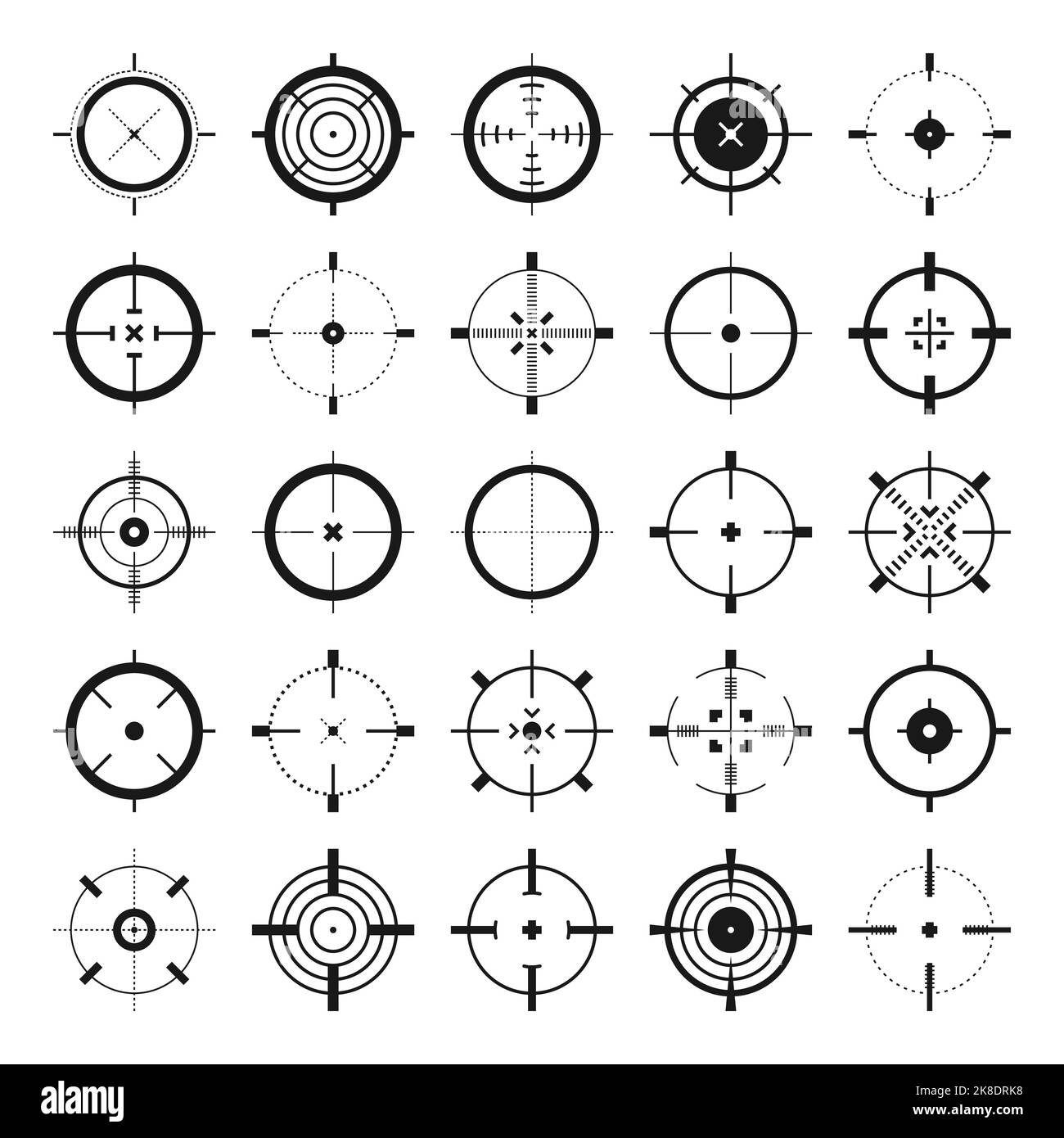 Crosshair, gun sight vector icons. Bullseye, black target or aim symbol ...