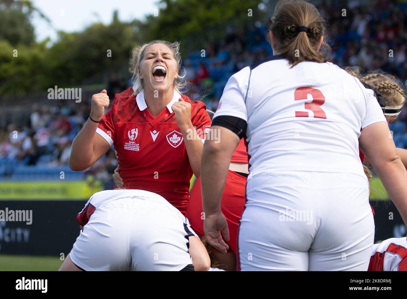 Canada's Sara Svoboda celebrates the Emily Tuttosi try during the Women ...
