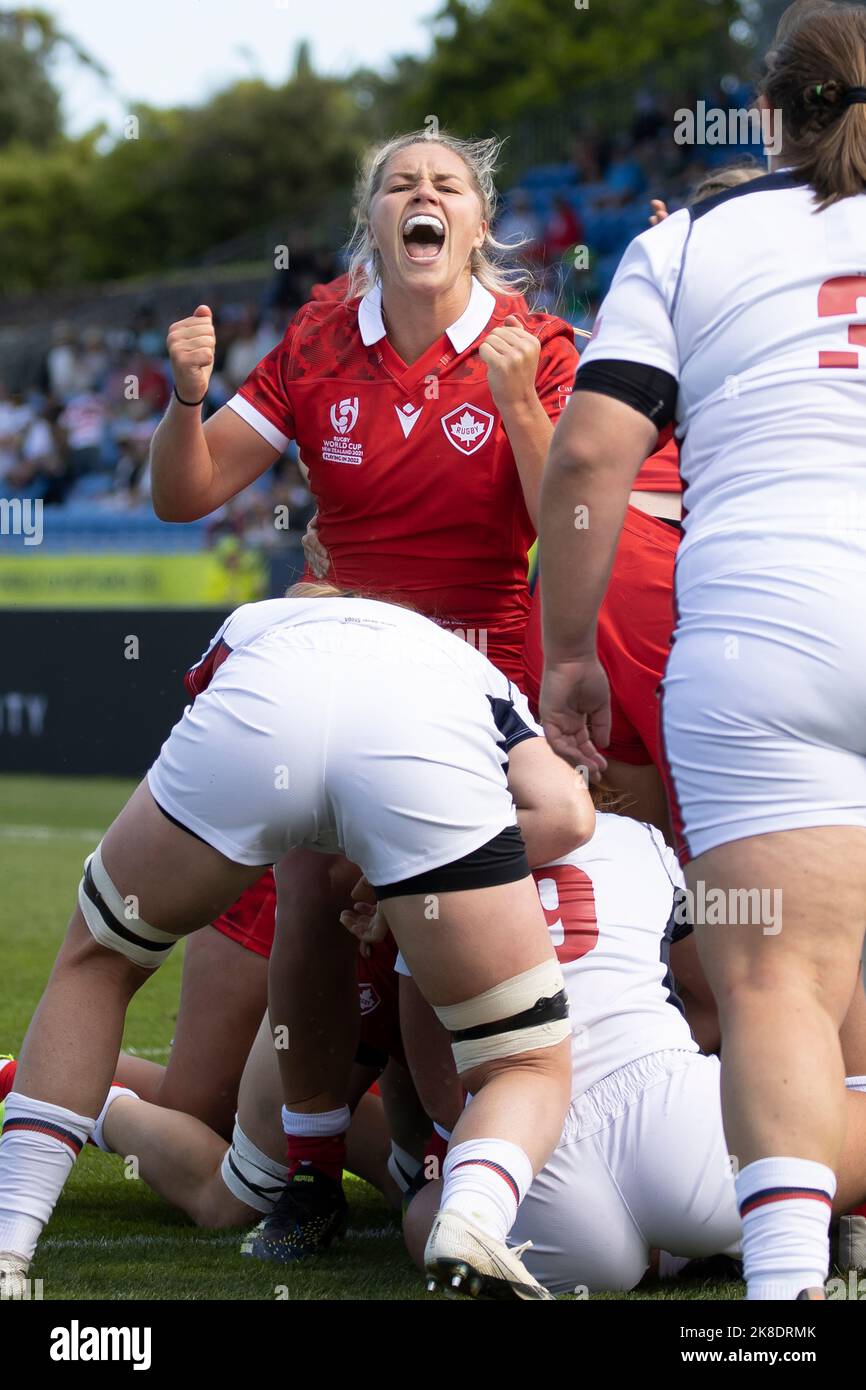 Canada's Sara Svoboda celebrates the Emily Tuttosi try during the Women ...
