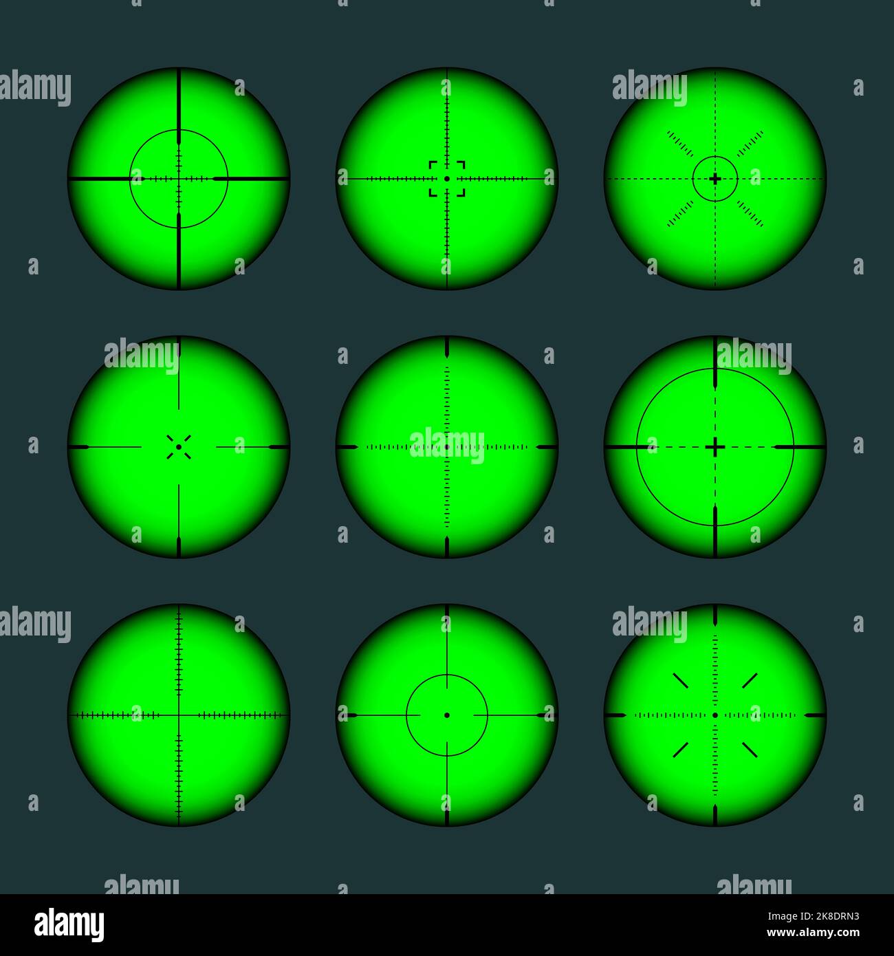 Various weapon night sights, sniper rifle optical scopes. Hunting gun ...