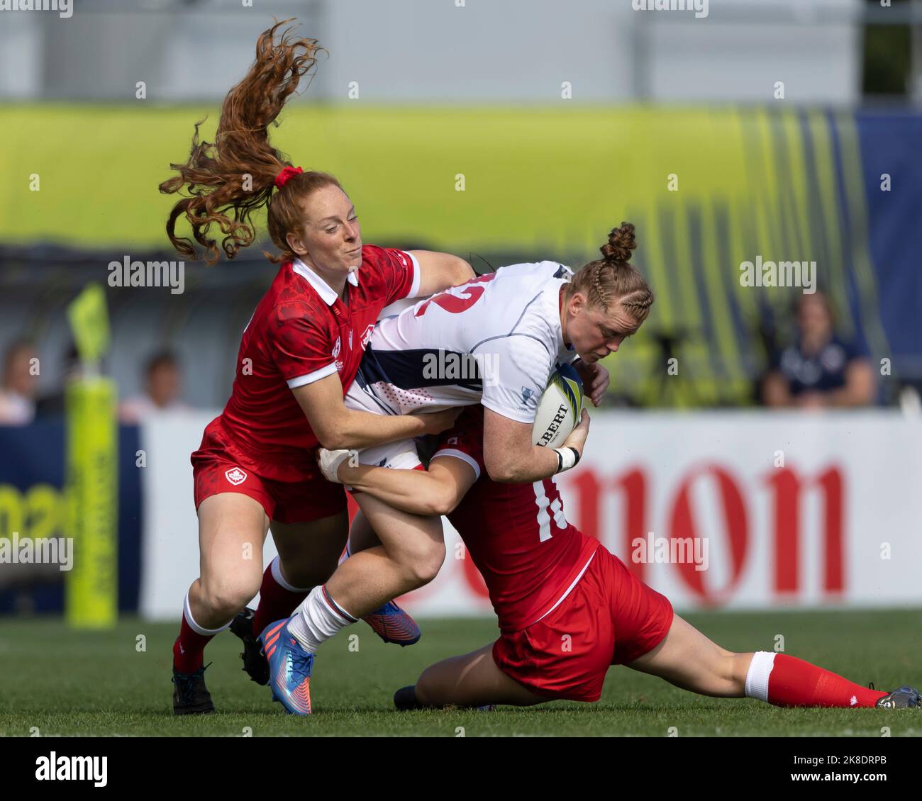 Canada's Alex Tessier, left, tackles USA's Alev Kelter during the Women ...