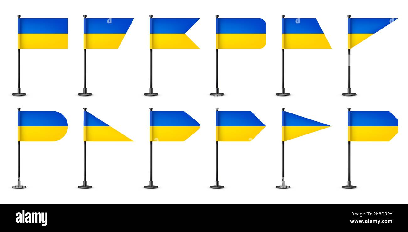 Realistic various Ukrainian table flags on a black steel pole. Souvenir ...