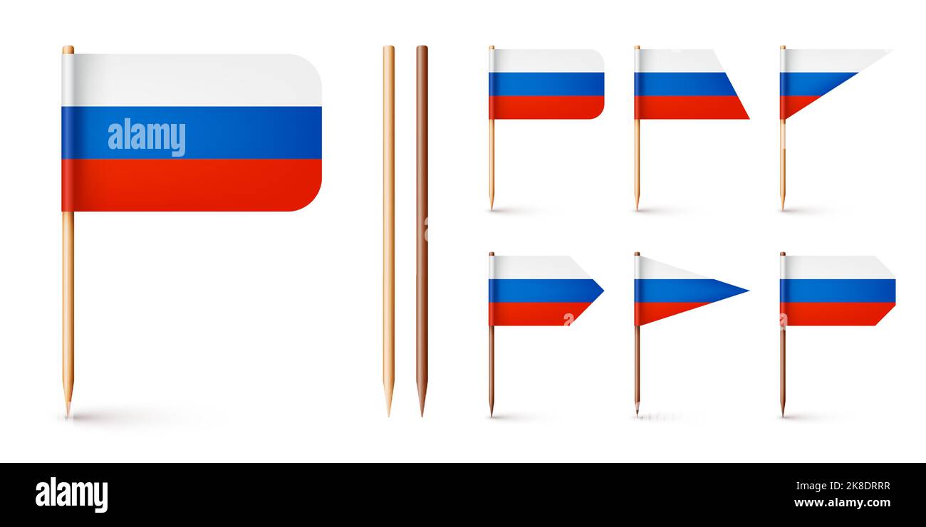 Realistic various Russian toothpick flags. Souvenir from Russia. Wooden ...