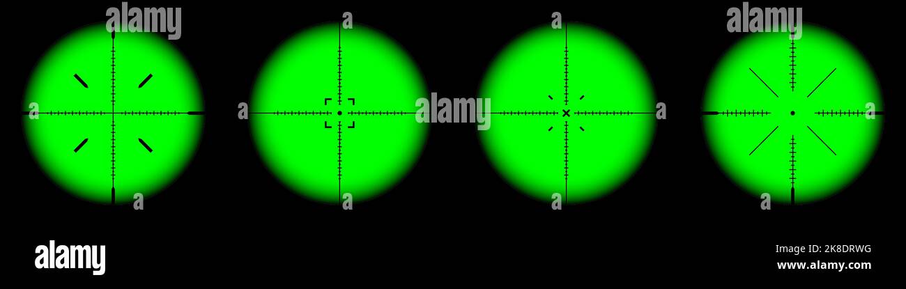 Various weapon night sights, sniper rifle optical scopes. Hunting gun ...