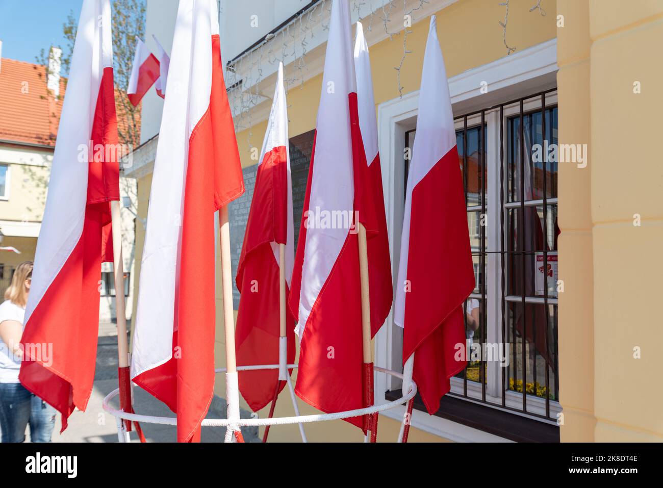 Red and white flags set close together. Symbol and Polish national ...