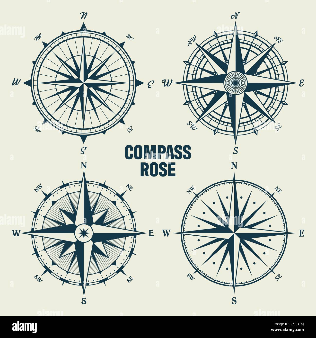 Vintage marine wind rose, nautical chart. Monochrome navigational ...