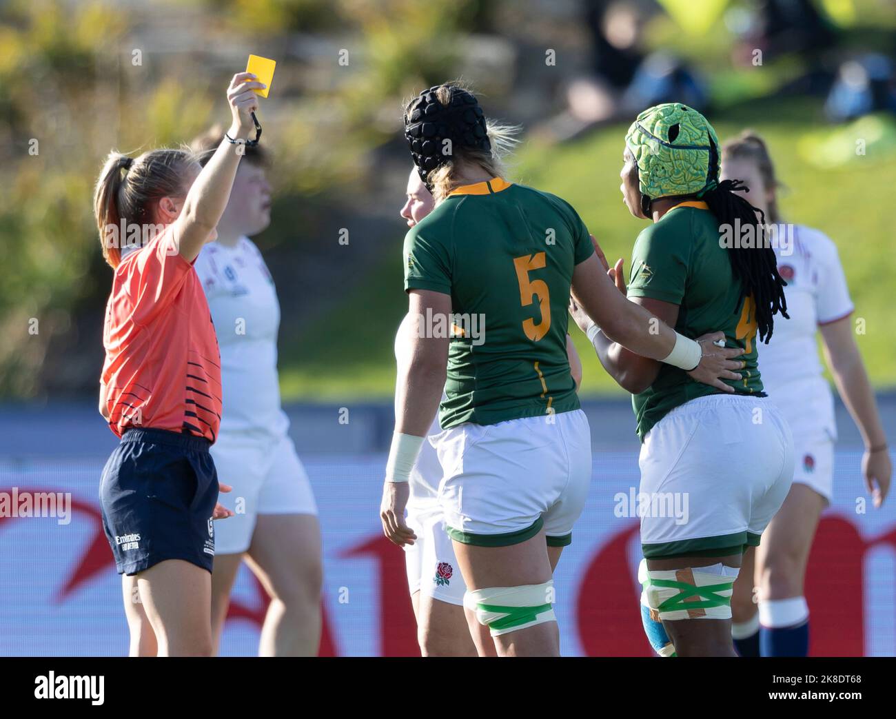 Match referee Lauren Jenner from New Zealand yellow cards South Africa ...