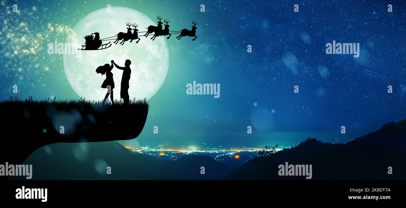 Silhouette of Santa Claus get a move to ride on their reindeer over ...