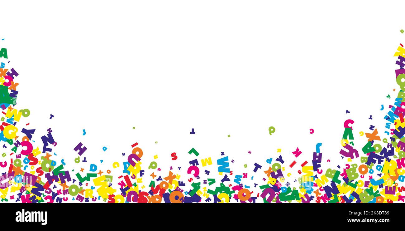 Falling letters of English language. Bright flying words of Latin ...