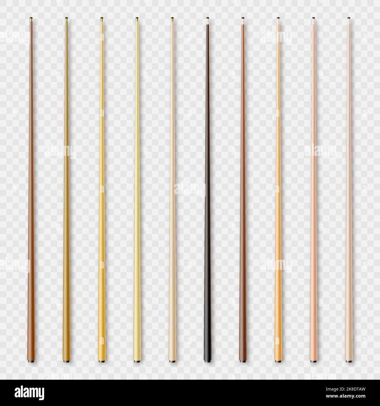 Various wooden billiard cues. Snooker sports equipment. Vintage pool ...