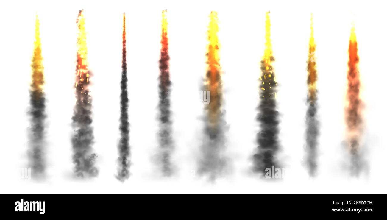 Realistic black smoke with fire, space rocket launch trails. Fire burst, explosion. Missile or ...