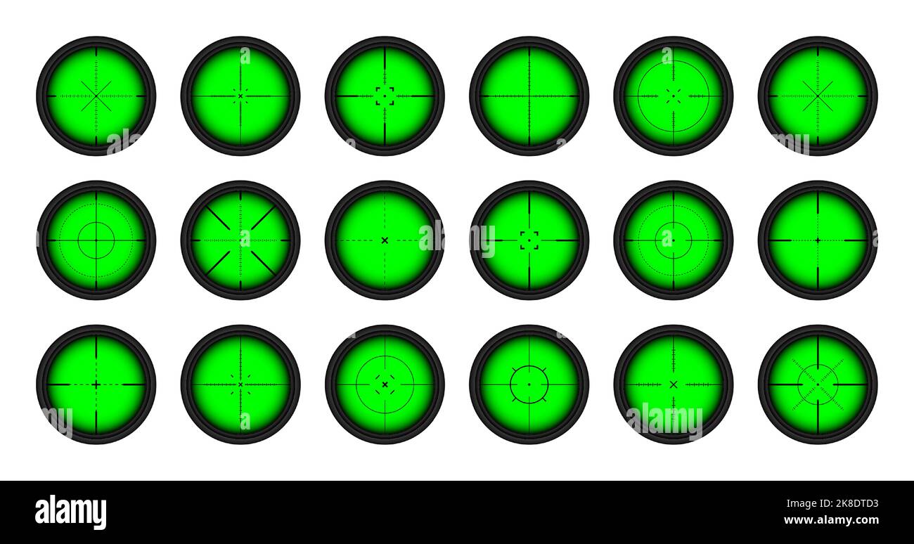 Various weapon night sights, sniper rifle optical scopes. Hunting gun ...