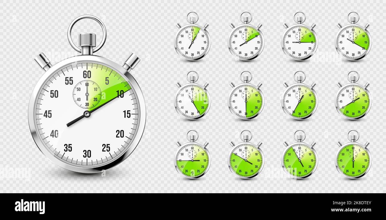 Realistic classic stopwatch icons. Shiny metal chronometer time counter ...