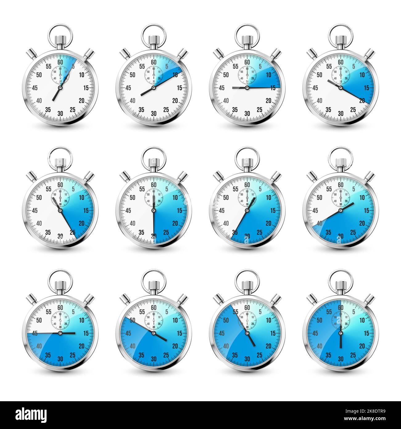 Realistic classic stopwatch icons. Shiny metal chronometer, time ...