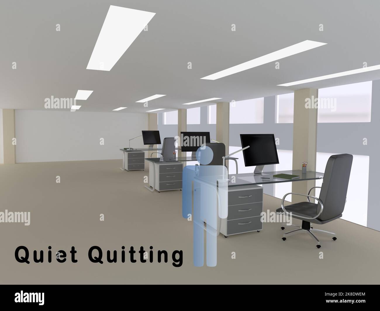 3D illustration of a fading image of a person in a workspace, with the ...