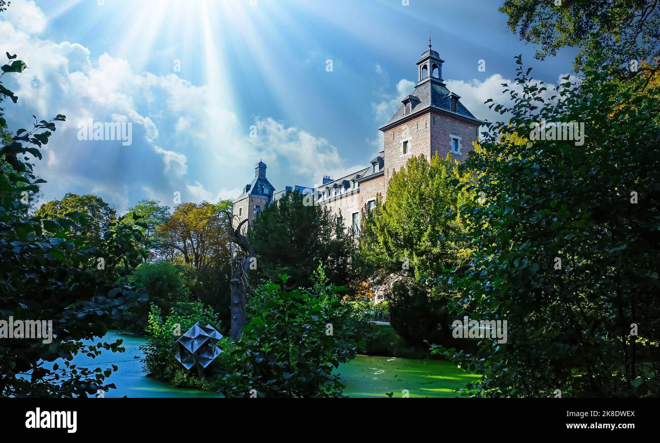 Mystical german medieval castle, autumn sky sun rays, green park and ...
