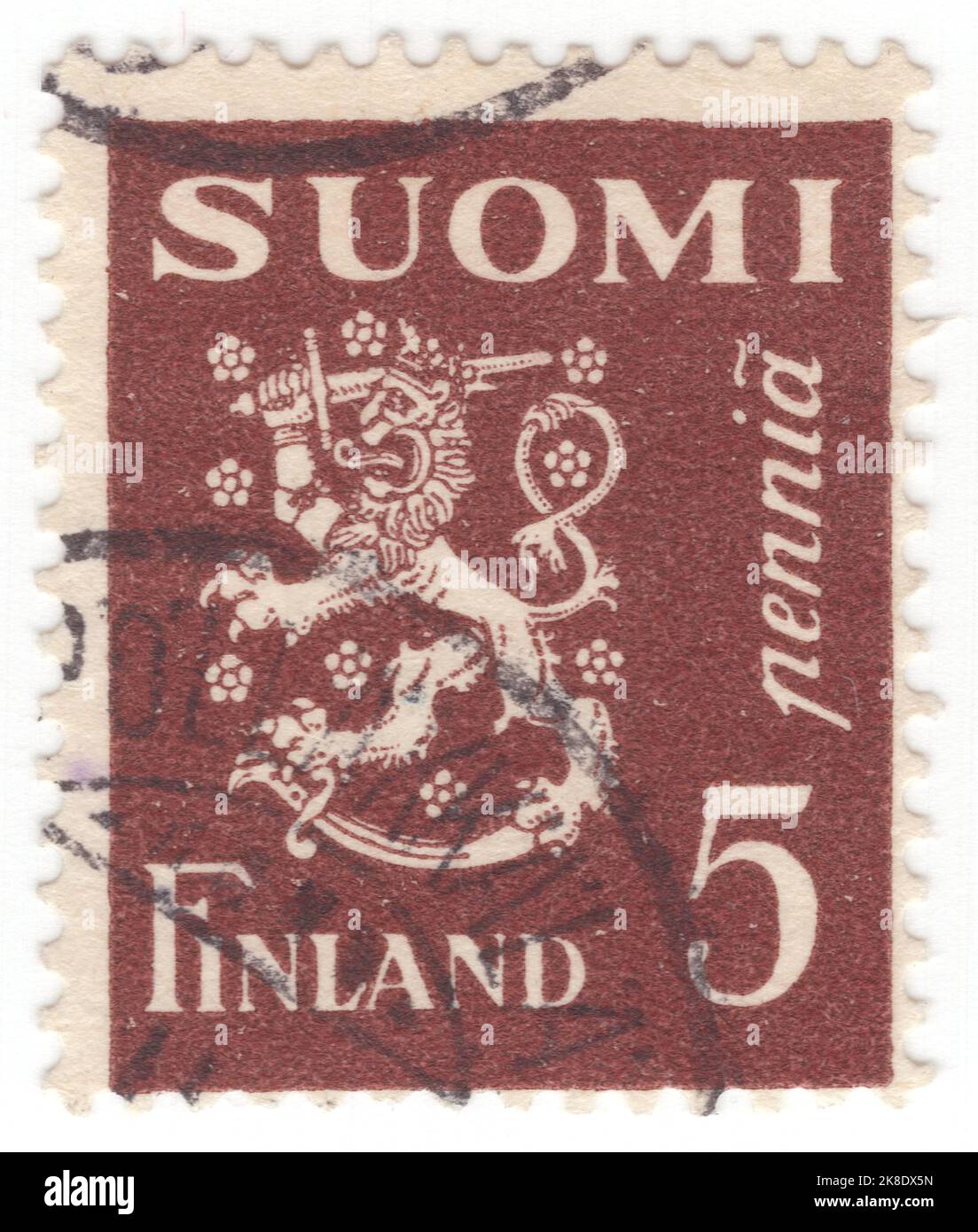 FINLAND - 1930: An 5 pennia chocolate postage stamp depicting Finnish ...