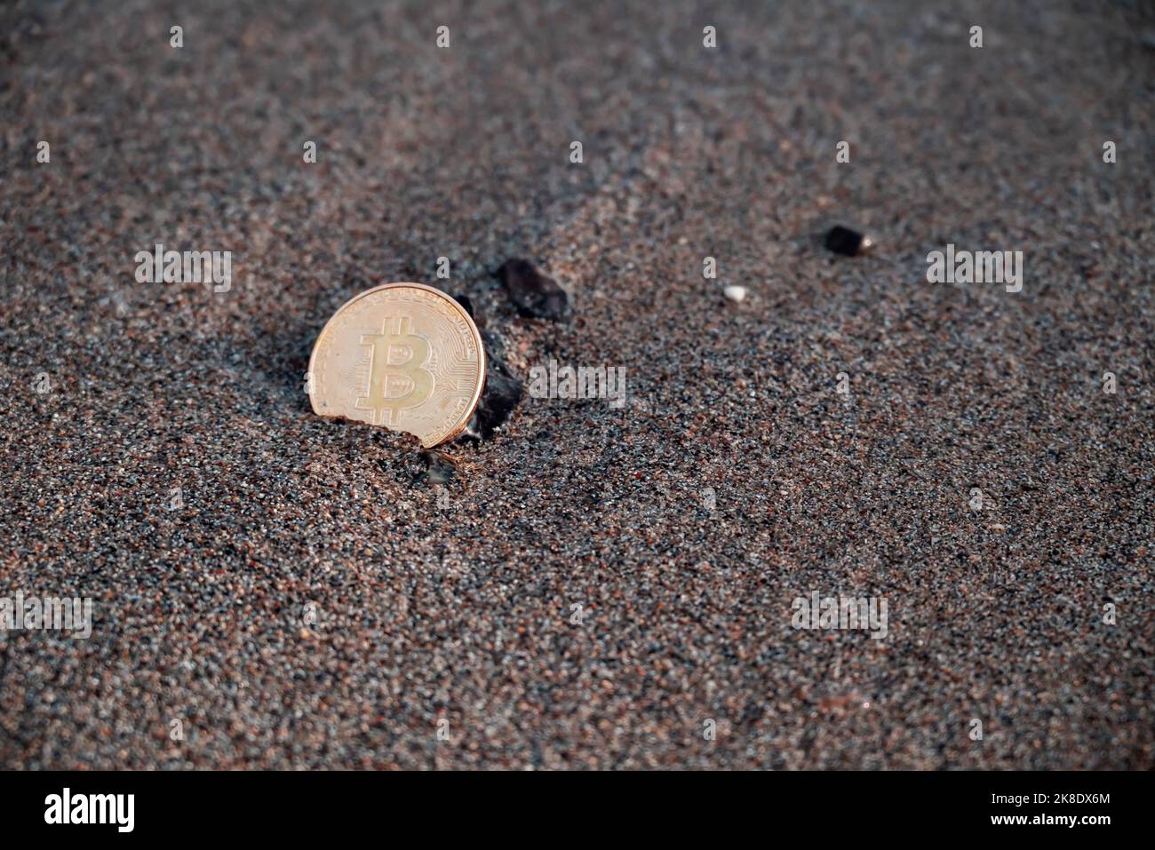 Bitcoin Coin Lies In Sand On Beach On Sunset Moraitika, Corfu, Greece ...