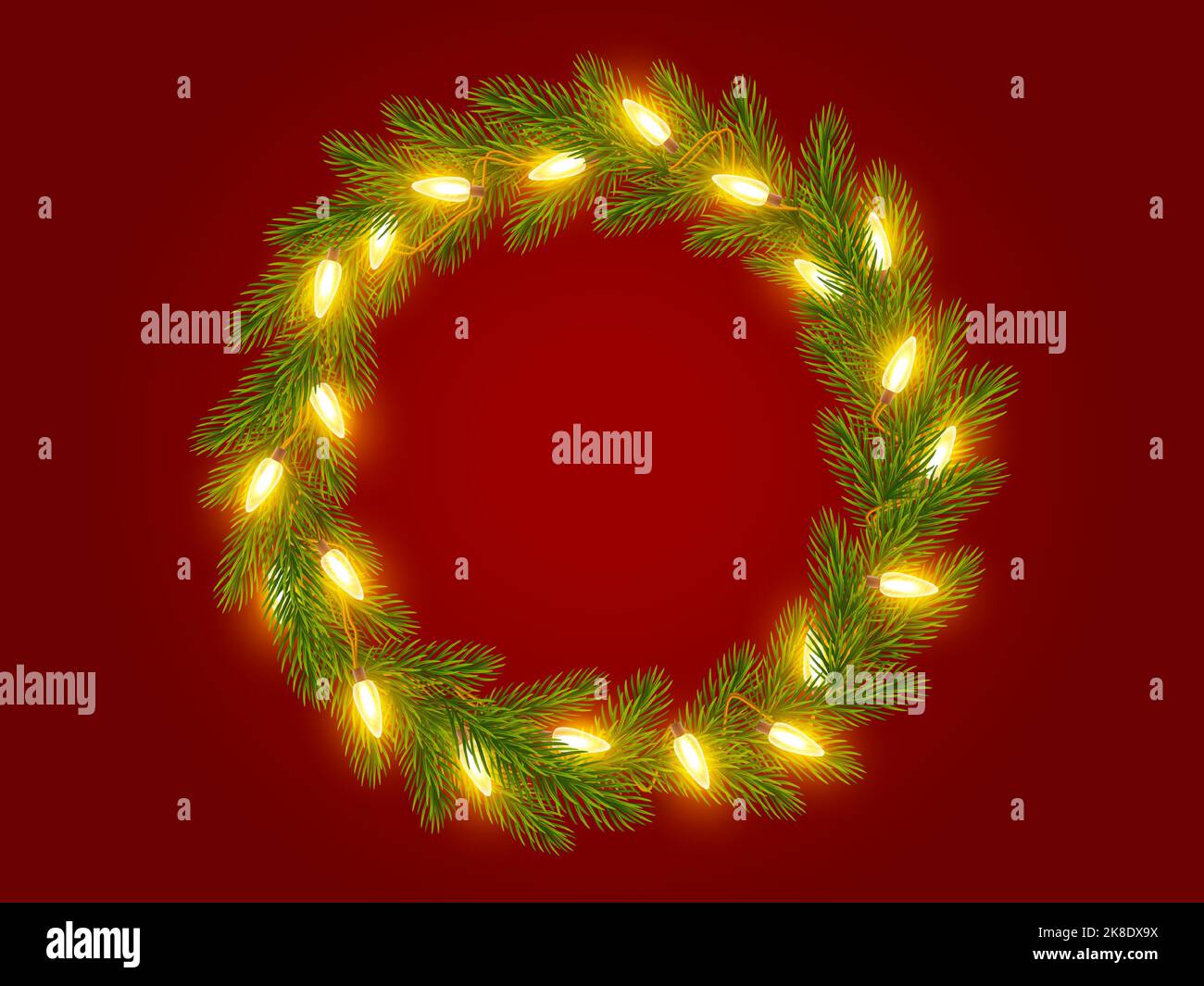 Christmas wreath of realistic fir tree branches with shining garland on ...