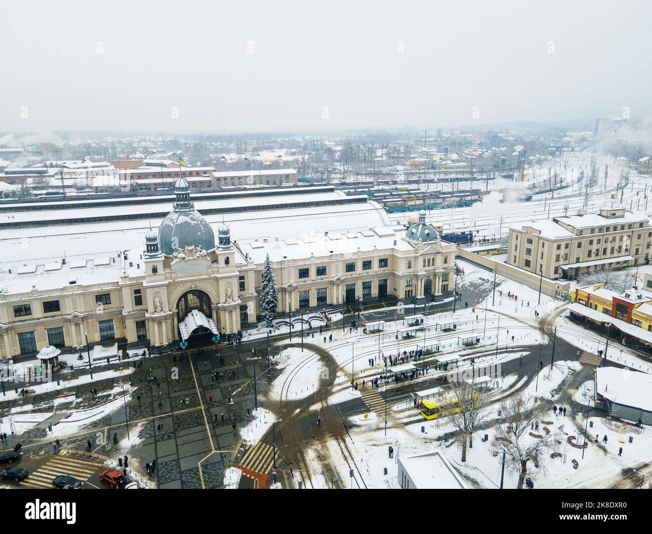 aerial view of lviv railway station at winter time Stock Photo - Alamy