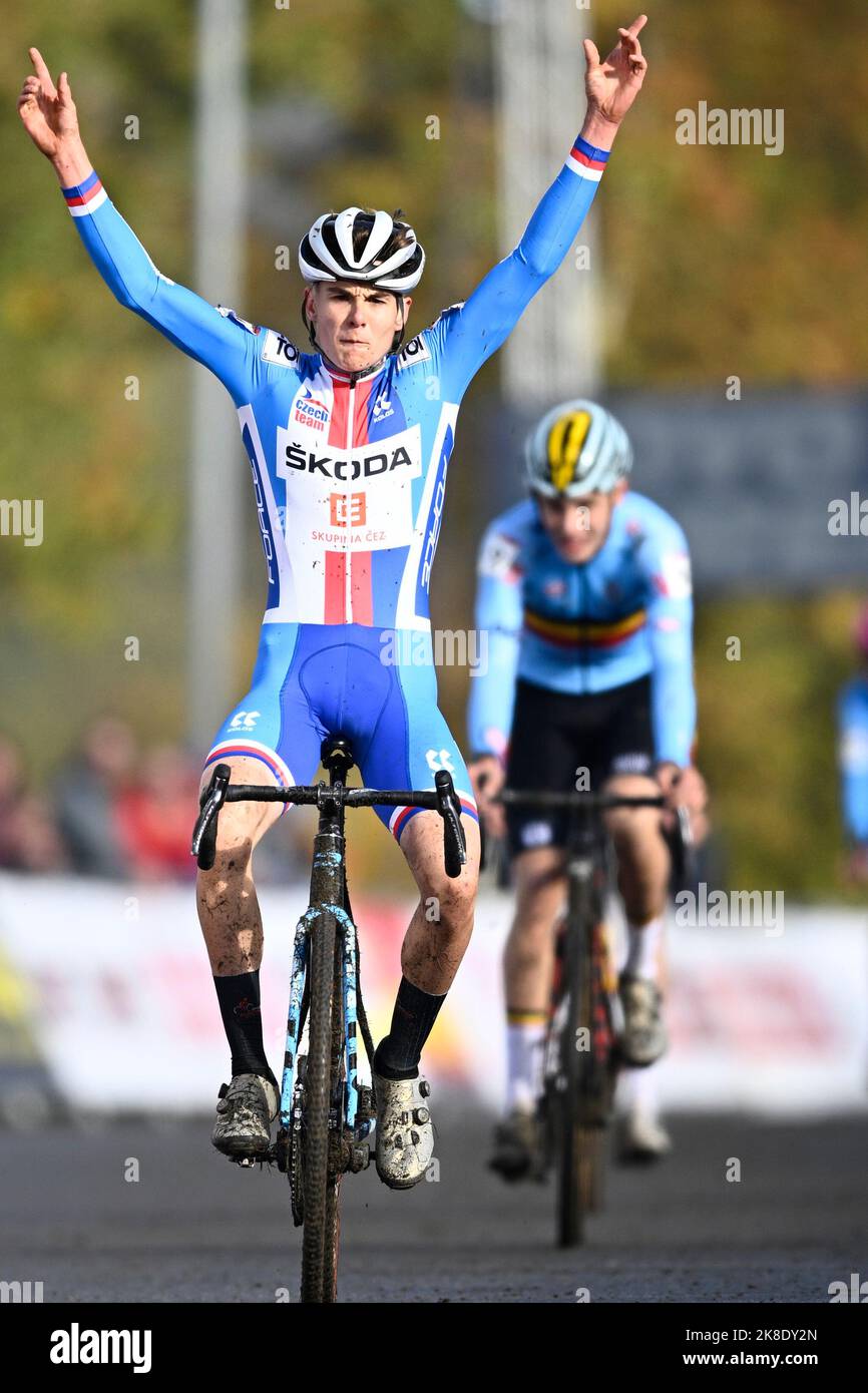 Czech Vaclav Jezek crosses the finish line at the men's junior race at ...