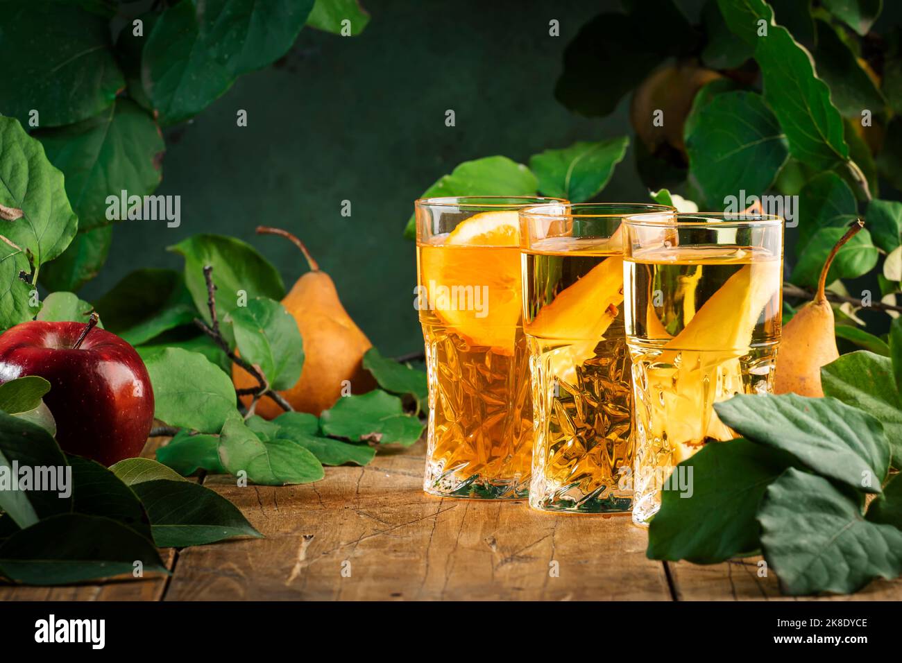 Cider glasses: apple, pear and orange flavored cider. Fermented low ...