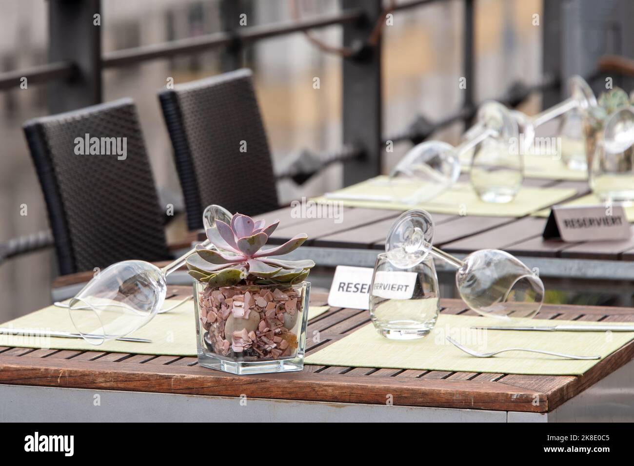 Restaurant reserved table sign with wine glasses ready for a party ...