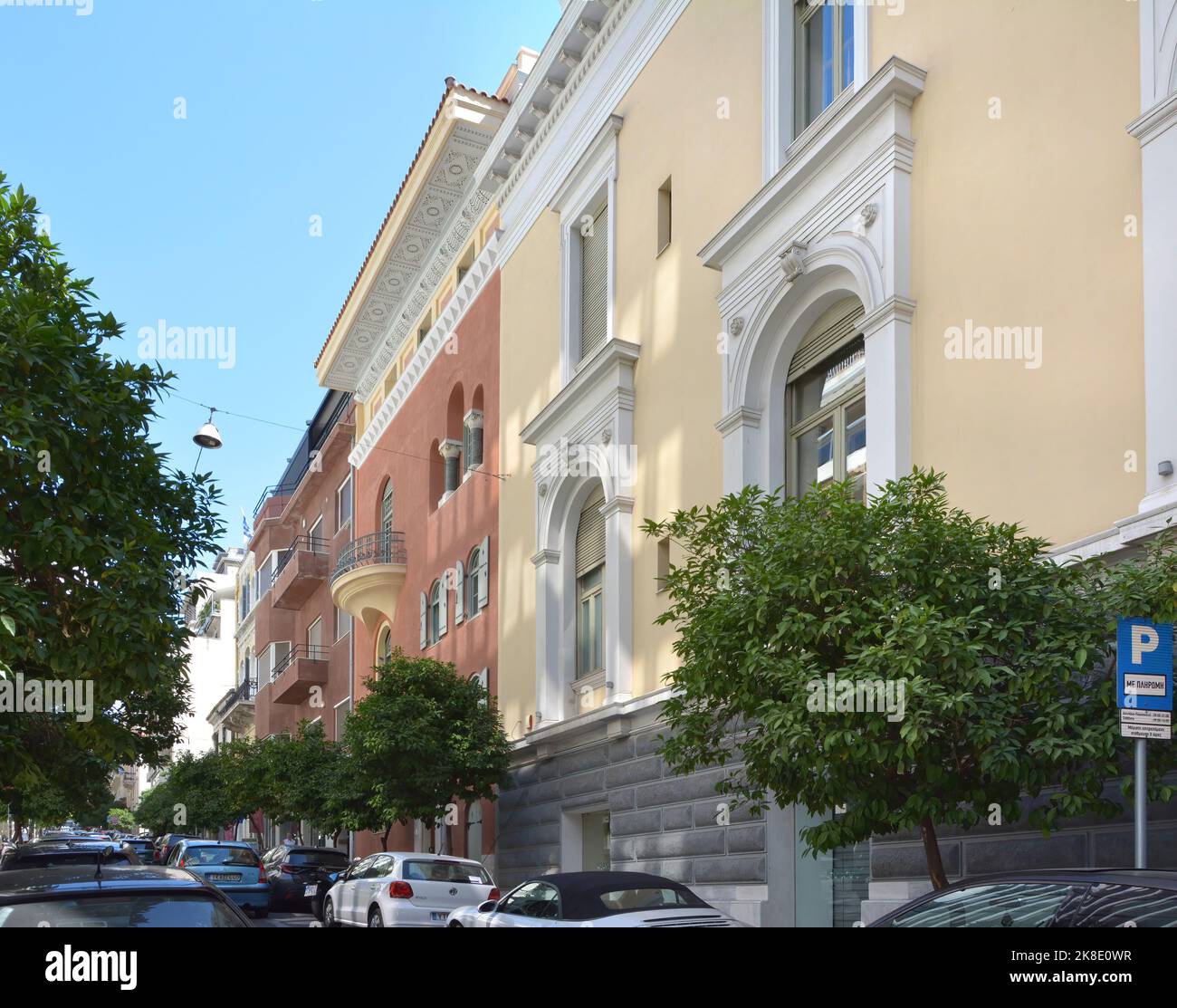 Athens, Greece, city center: Row of different facades along Pindarou ...