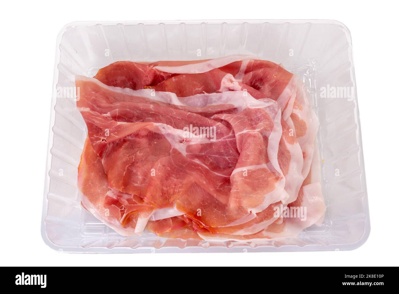 Parma ham slices in plastic food tray for sale isolated on white ...