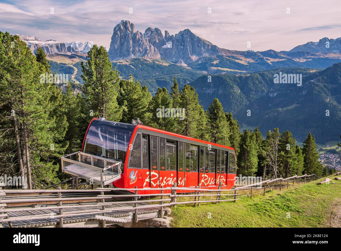 Funicular railway to the Raschoetzalm with the Langkofelgruppe 3181m ...